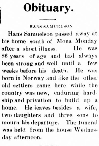 Hans Samuelson obituary | Lyle Historical Society